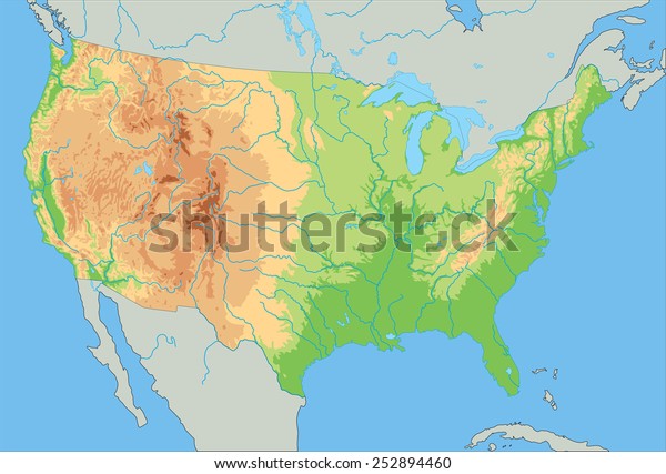 High detailed United States of America physical map. High detailed United States of America physical map.