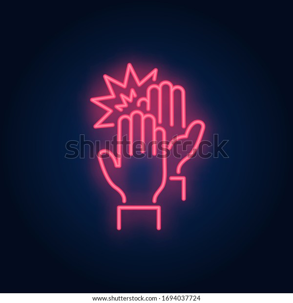 High five neon sign. Glowing neon two hands on brick wall background ...