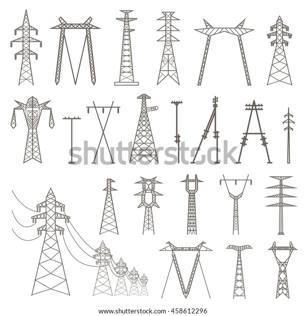 High voltage electric line pylon. Icon set suitable for creating ...