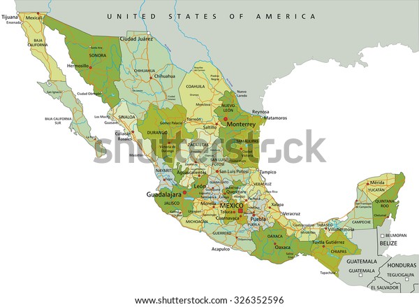 Highly detailed editable political map with separated layers. Mexico.