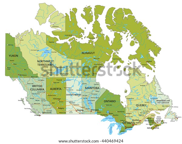 Highly detailed editable political map with separated layers. Canada.