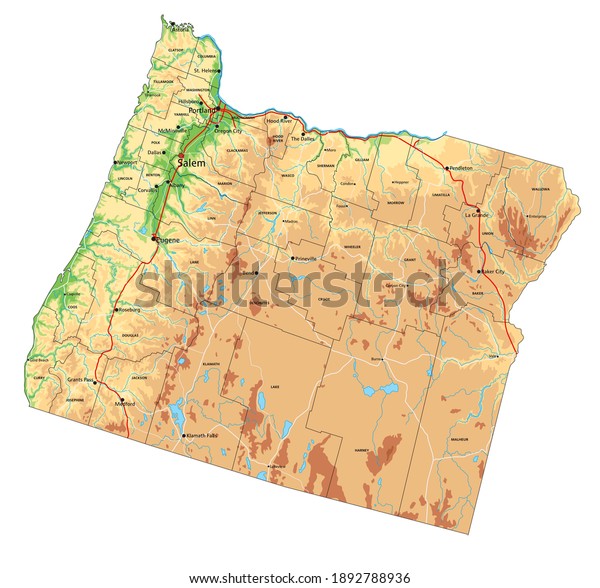 Highly Detailed Oregon Physical Map Labeling Stock Vector (Royalty Free ...