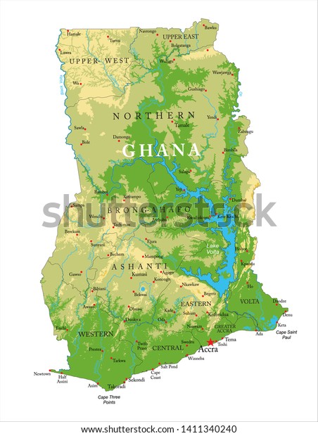 Highly Detailed Physical Map Ghana Vector Stock Vector (Royalty Free ...