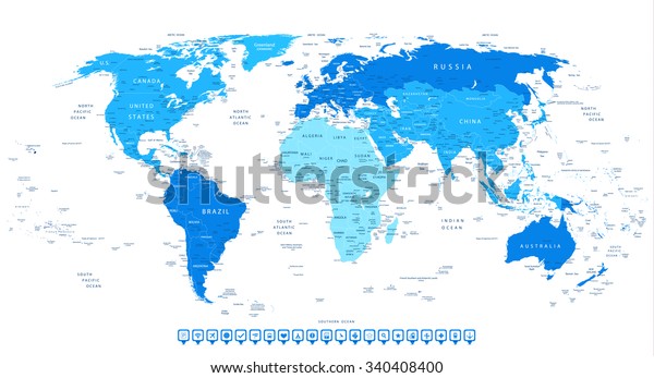 Highly Detailed World Map with Continent in Different Blue Colors and ...