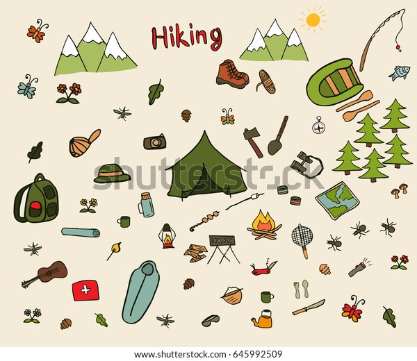 Hiking Doodle Line Elements Set Vector Stock Vector (Royalty Free ...