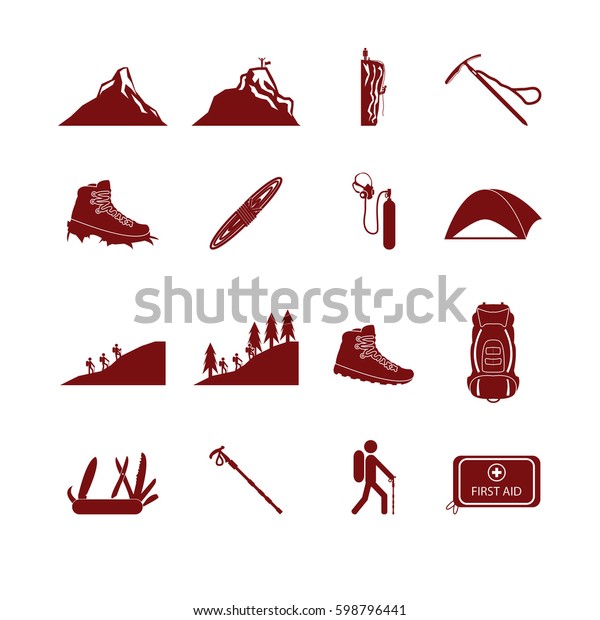 Hiking Mountain Climbing Icon Set Stock Vector (Royalty Free) 598796441