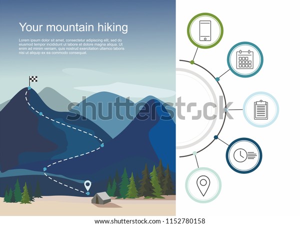 Hiking route infographic with a five steps. Layers of mountain ...