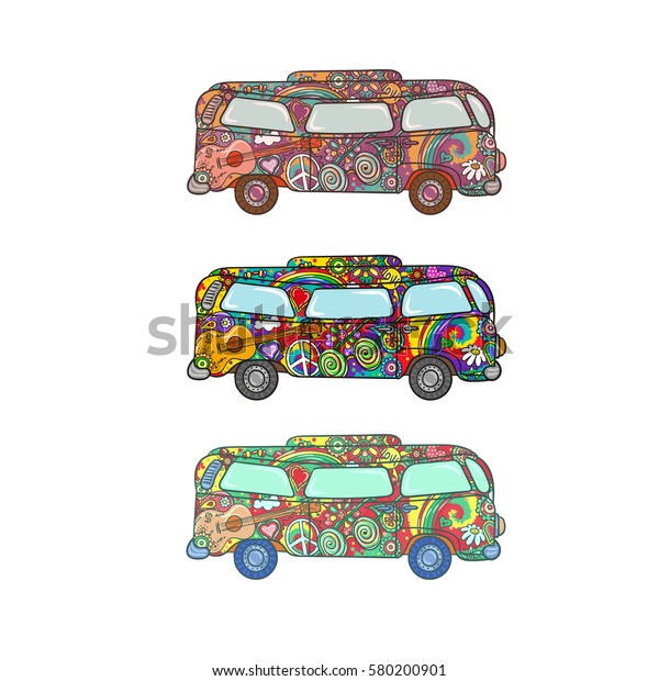 Hippie Bus Set Hippiepainted Car Peace Stock Vector (Royalty Free ...
