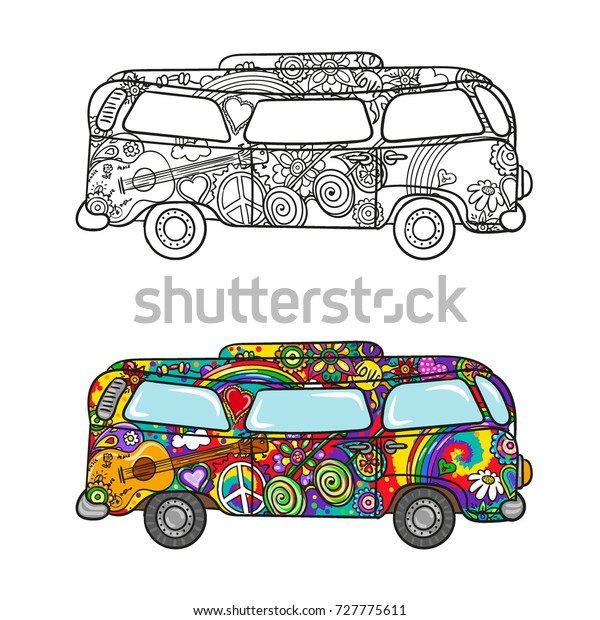 Hippie Bus Vector Illustration Coloring Book: เวกเตอร์สต็อก (ปลอดค่า ...