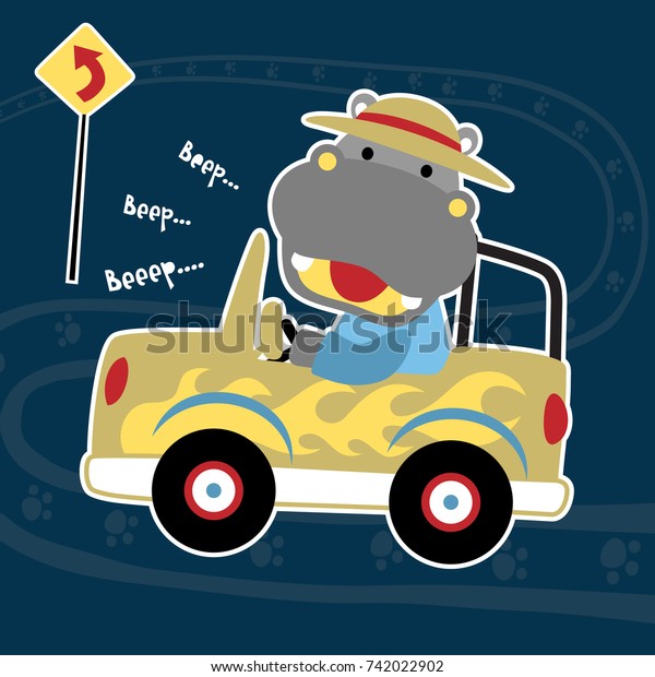 Hippo Driving Car Vector Cartoon Illustration: เวกเตอร์สต็อก (ปลอดค่า ...