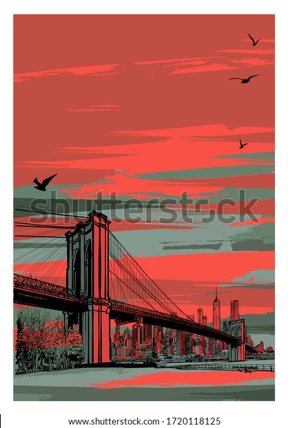 Historic Brooklyn Bridge Lower Manhattan Vector Stock Vector (Royalty ...