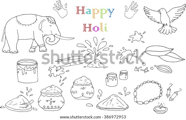 Holi Doodles Collection Different Bird Objects: vetor stock (livre de ...