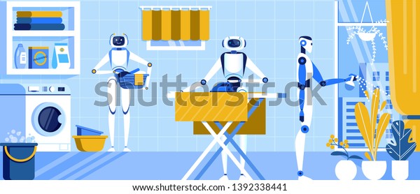 홈로봇이 일상생활에서 도움이 된다.실내 욕실로봇들은 빨래와 스톡 벡터(로열티 프리) 1392338441 | Shutterstock