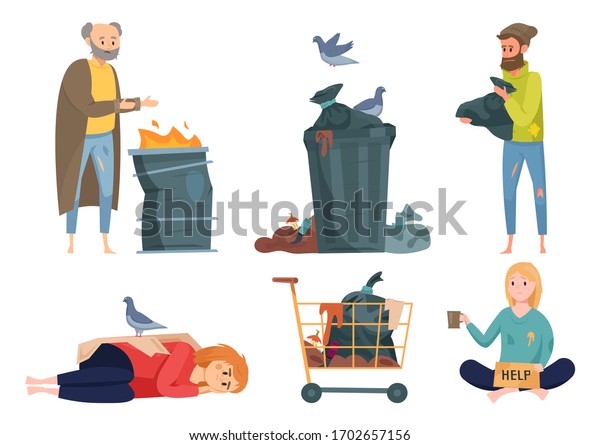 Homeless People Cartoon Set Vector Illustration: เวกเตอร์สต็อก (ปลอดค่า ...