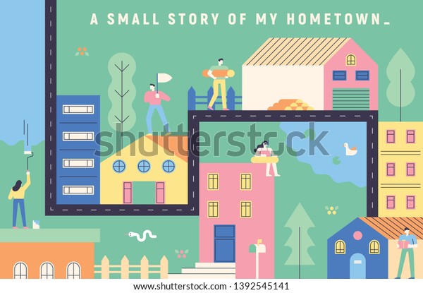 Hometown Illustration Map Concept Flat Design Stock Vector (Royalty ...
