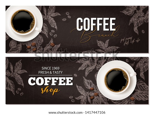 Horizontal coffee banners. Top view cup on blackboard with coffee tree ...