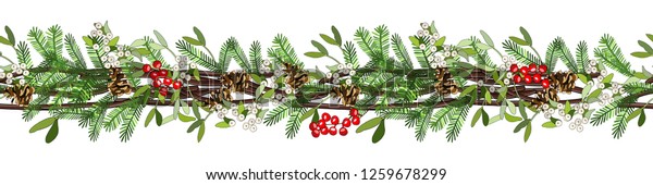 Vektor Stok Horizontal Endless Border Cone Fir Branches (Tanpa Royalti ...