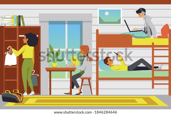 Hostel Room Interior Cartoon People Bunk Stock Vector (Royalty Free ...