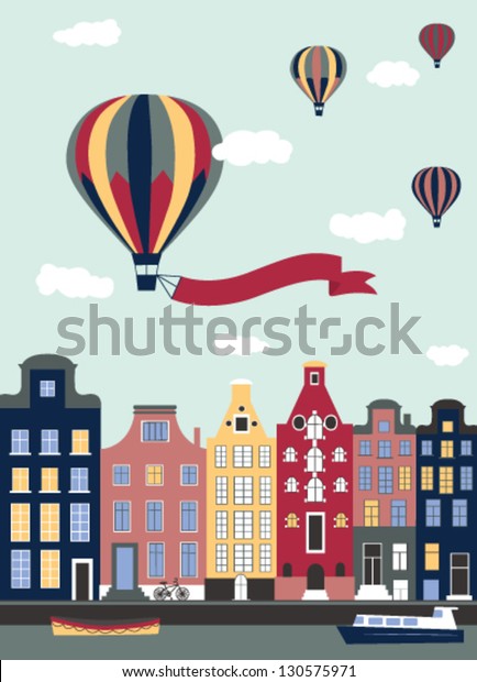 Hot Air Balloons Flying Over Town Stock Vector (Royalty Free) 130575971 ...