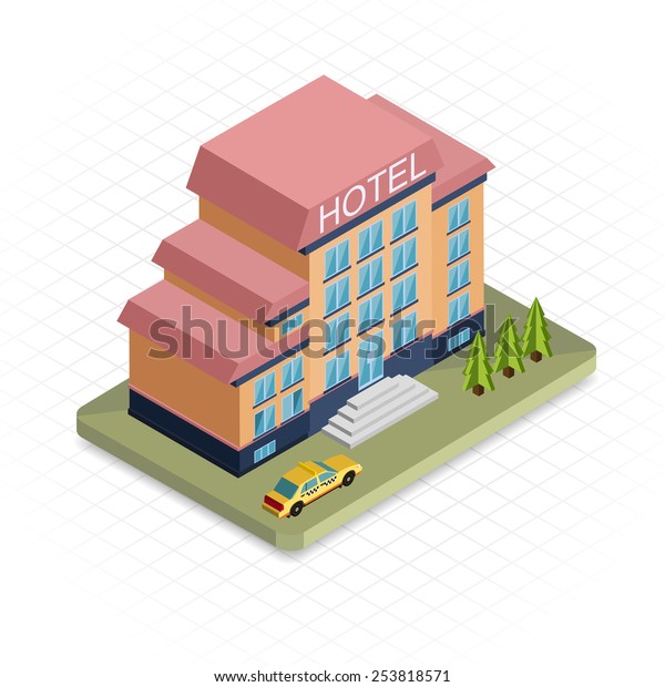 Edificio del hotel. Isometric 3d pixel design icon. Ilustración vectorial.
