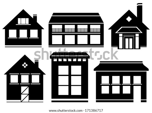 House Building Black White Icon Set Stock Vector (Royalty Free ...