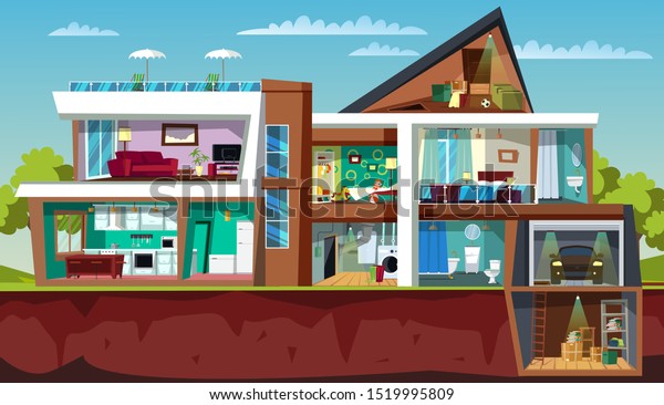 House Cross Section Flat Vector Illustration: เวกเตอร์สต็อก (ปลอดค่า ...