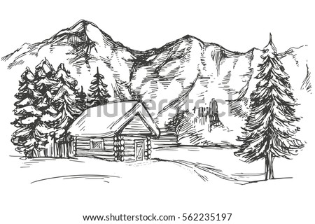 House Mountain Snow Landscape Hand Drawn Stock Vector (Royalty Free ...