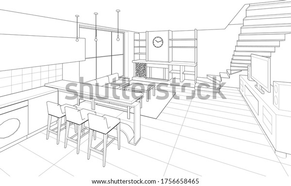 House Sketch Common Room 3d Illustration Stock Vector (Royalty Free ...