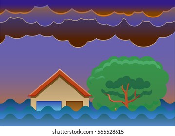 House Tree On Flood Vector Illustration Stock Vector (Royalty Free ...
