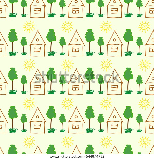 House Trees Sun Drawn By Hand: vector de stock (libre de regalías ...