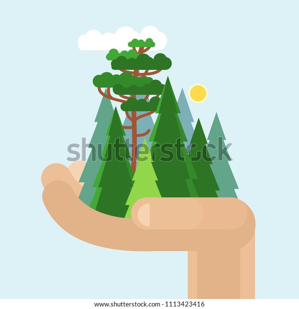 Human Hand Holding Coniferous Forest Environment Stock Vector (Royalty ...