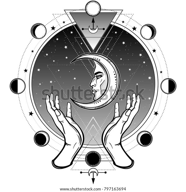 Human Hands Hold Symbol Moon Background Stock Vector (Royalty Free ...