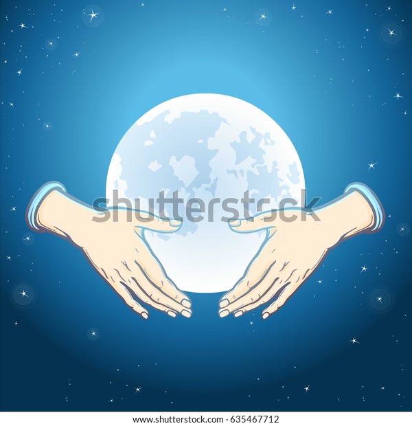 Human Hands Hold Symbol Shining Moon: vector de stock (libre de ...