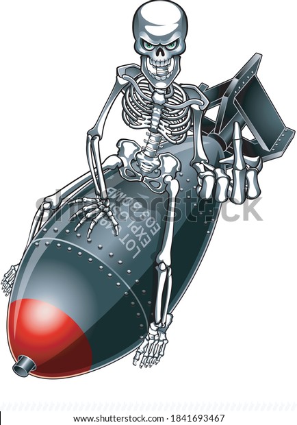 Human skeleton riding on air bomb showing middle finger