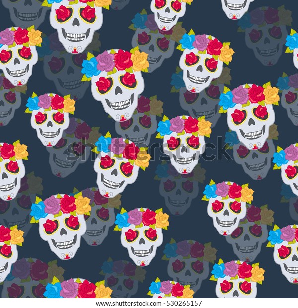 Human Skull Flower Wreath Seamless Pattern: vector de stock (libre de ...