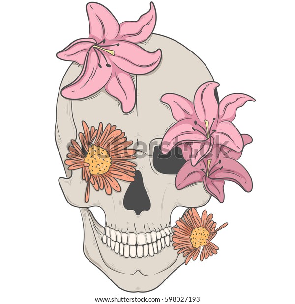Human Skull Flowers Vector Illustration Print Stock Vector (Royalty ...