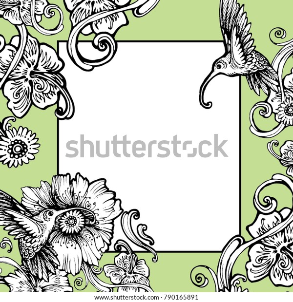 Humming Bird Floral Border Invitation Template: เวกเตอร์สต็อก (ปลอดค่า ...