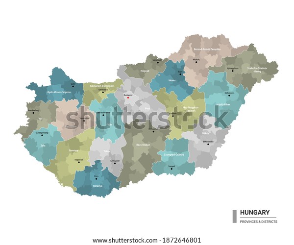 1 Administrative map of hungary with districts and cities name, colored ...