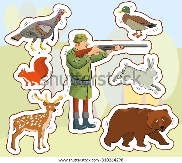 Hunter Wild Animals Colored Icons On: vetor stock (livre de direitos ...
