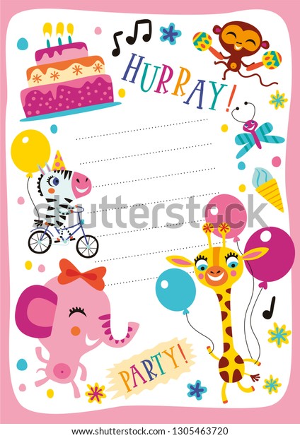Hurray Party Template Cute Animals Childish Stock Vector (Royalty Free ...