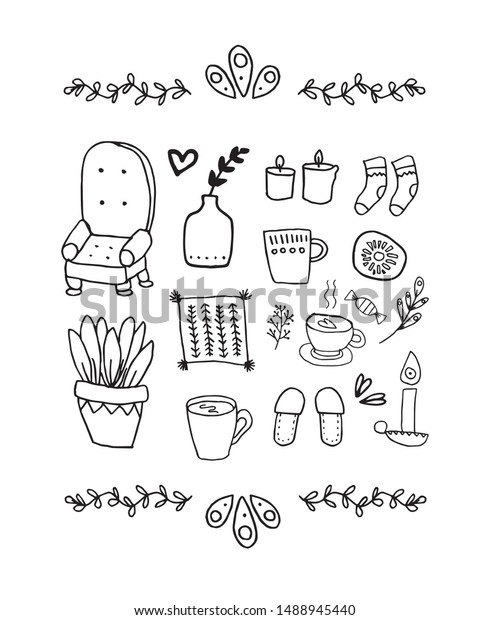 Hygge Drawings Vector Collection Cozy Cute Stock Vector (Royalty Free ...