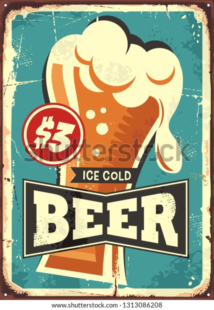 Ice cold beer vintage metal sign for drink bar, cafe, pub or restaurant ...