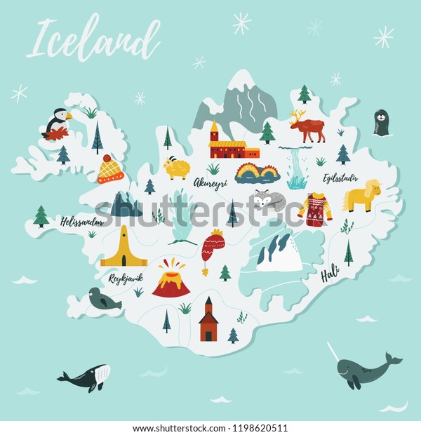 Iceland cartoon vector map. Travel illustration with landmarks, animals ...