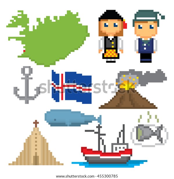 Iceland icons set. Pixel art. Old school computer graphic style. Games ...