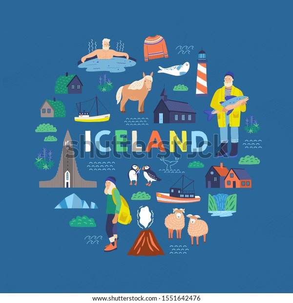 Iceland Symbols Flat Vector Illustrations Tourist Stock Vector (Royalty ...