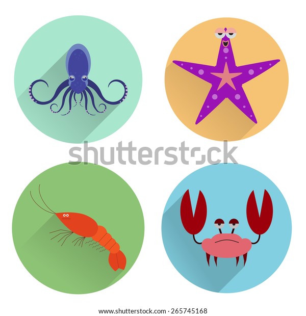 Icons Cartoon Water Creatures Stock Vector (Royalty Free) 265745168 ...