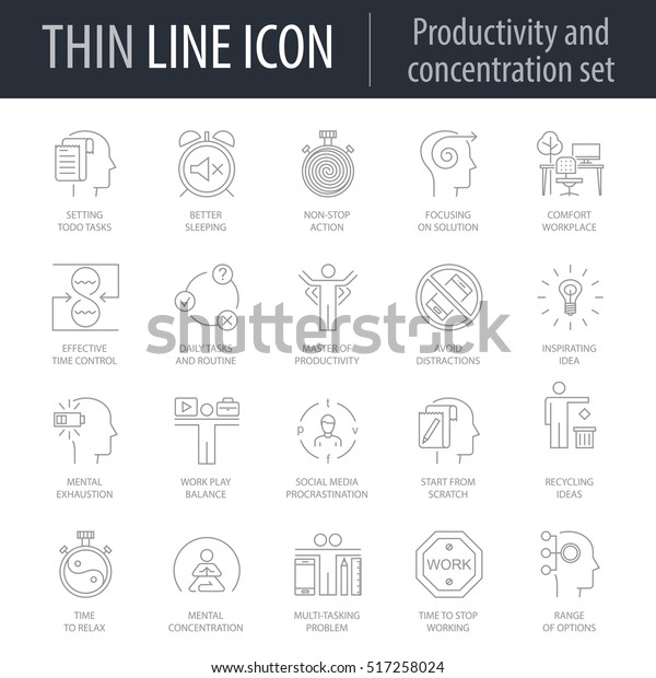 Vektor Stok Icons Set Productivity Concentration Symbol Intelligent ...