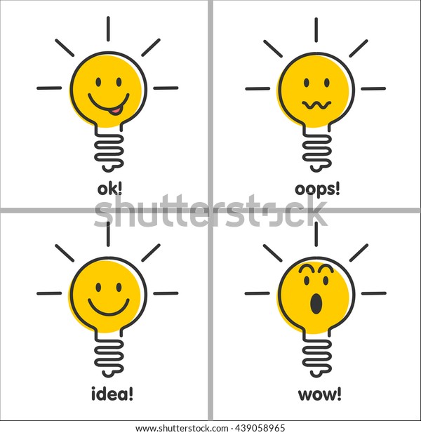 Ideas, emotions. Light bulb smiley face, set of vector icons.
