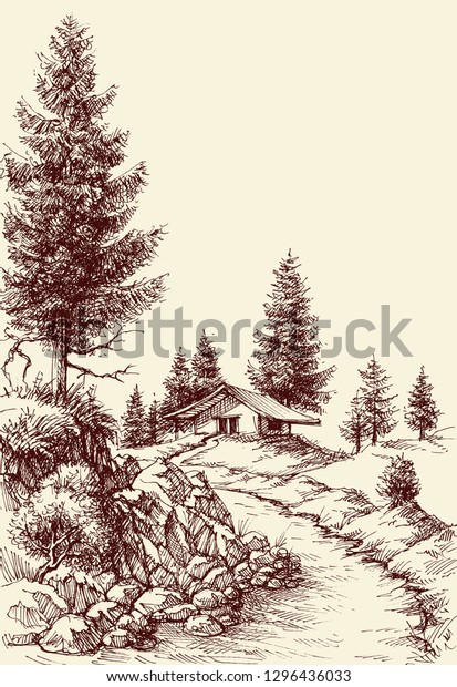 Idyllic Landscape Hand Drawing Footpath House Stock Vector (Royalty ...