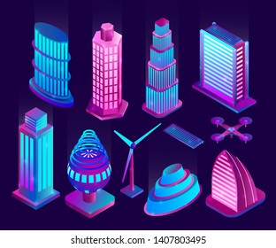 Illuminated Neon Skyscrapers Objects Futuristic City Stock Vector ...